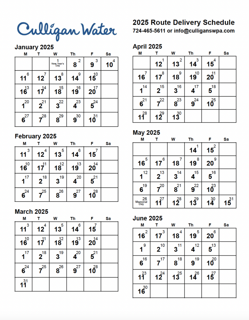 Culligan Delivery Route Calendar | Culligan of Southwestern PA ...